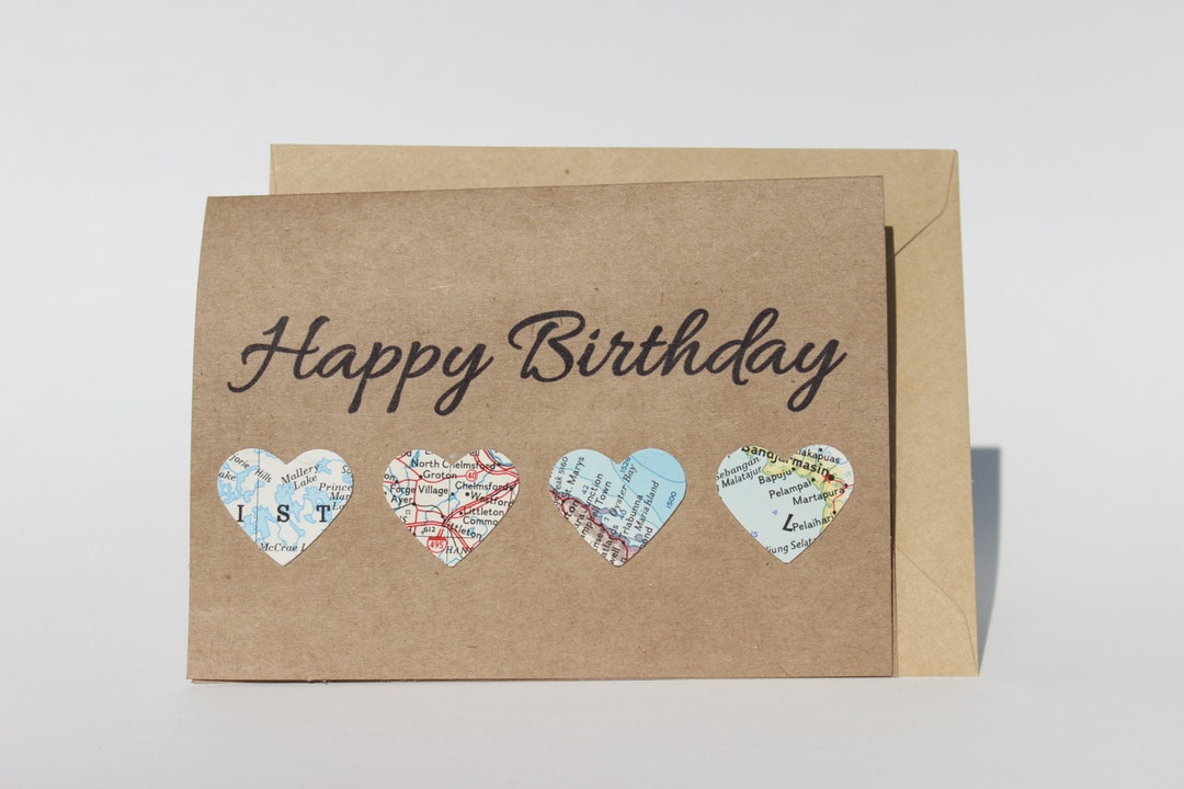 Happy Birthday Card - Vintage Map Card - Travel Card - Map Hearts - Map ...