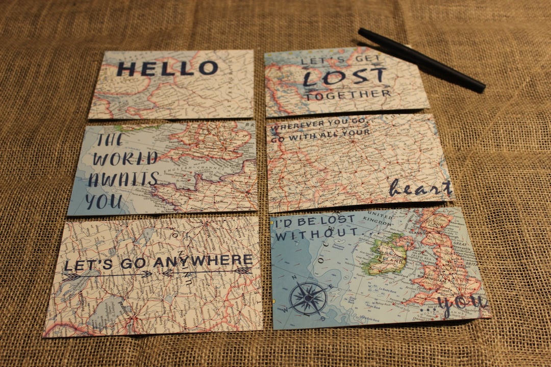 Vintage Map Notecards With Inspirational Quote - Map Postcard Set - Map ...