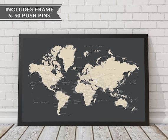 World Push Pin Map With Frame & 50 Push Pins Travel Map Map - Etsy