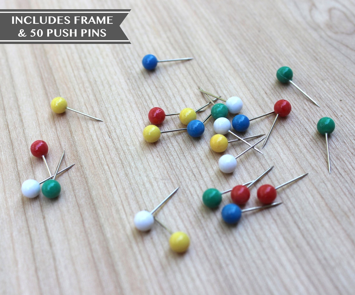 World Push Pin Map With Frame & 50 Push Pins Travel Map Map - Etsy
