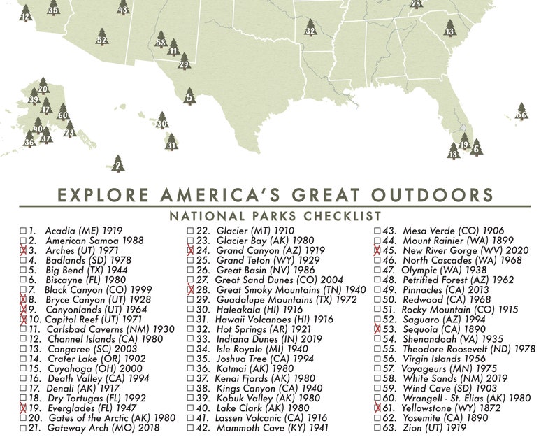 National Parks Map of the United States - 63 Parks Checklist - American ...