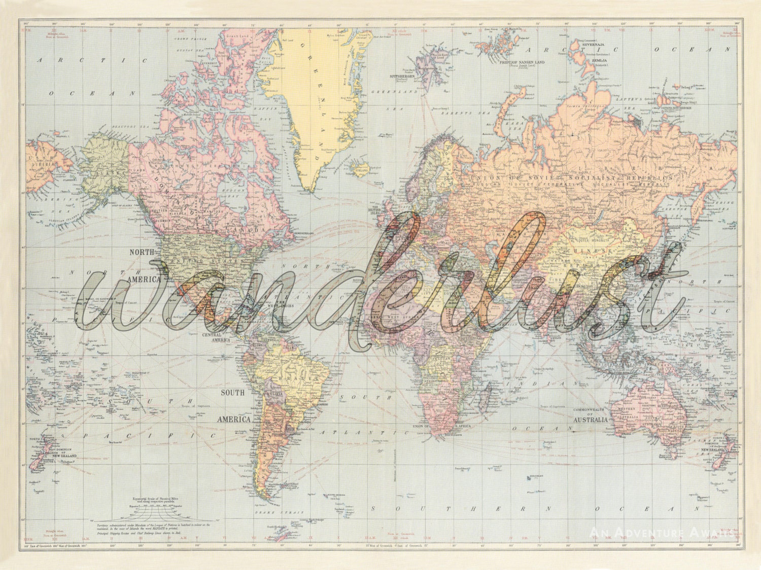 Wanderlust Map Poster Vintage Map Poster Travel Art Map | Etsy