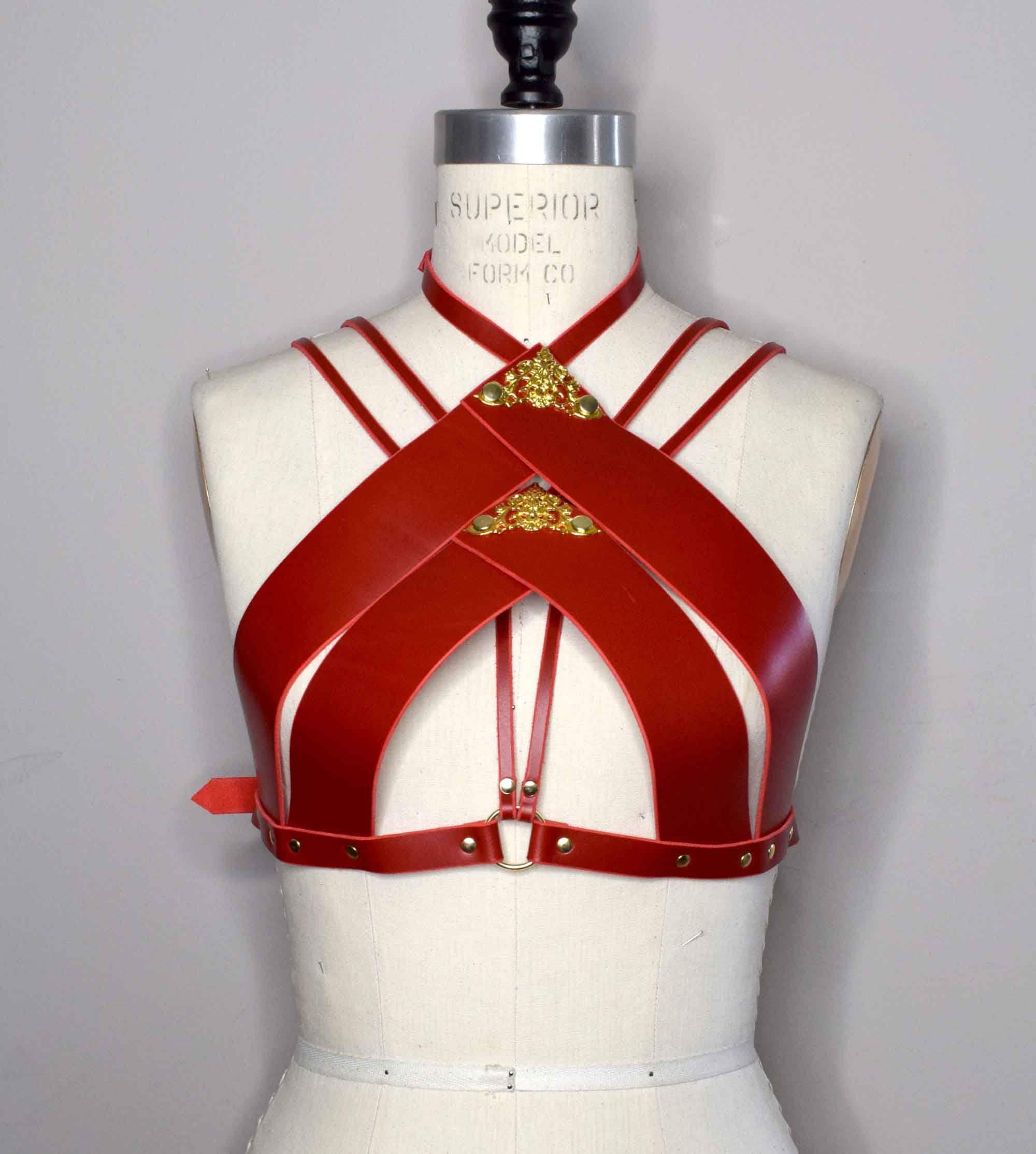 Song High Neck Leather Bra With Strappy Harness Details, Gold Hardware ...