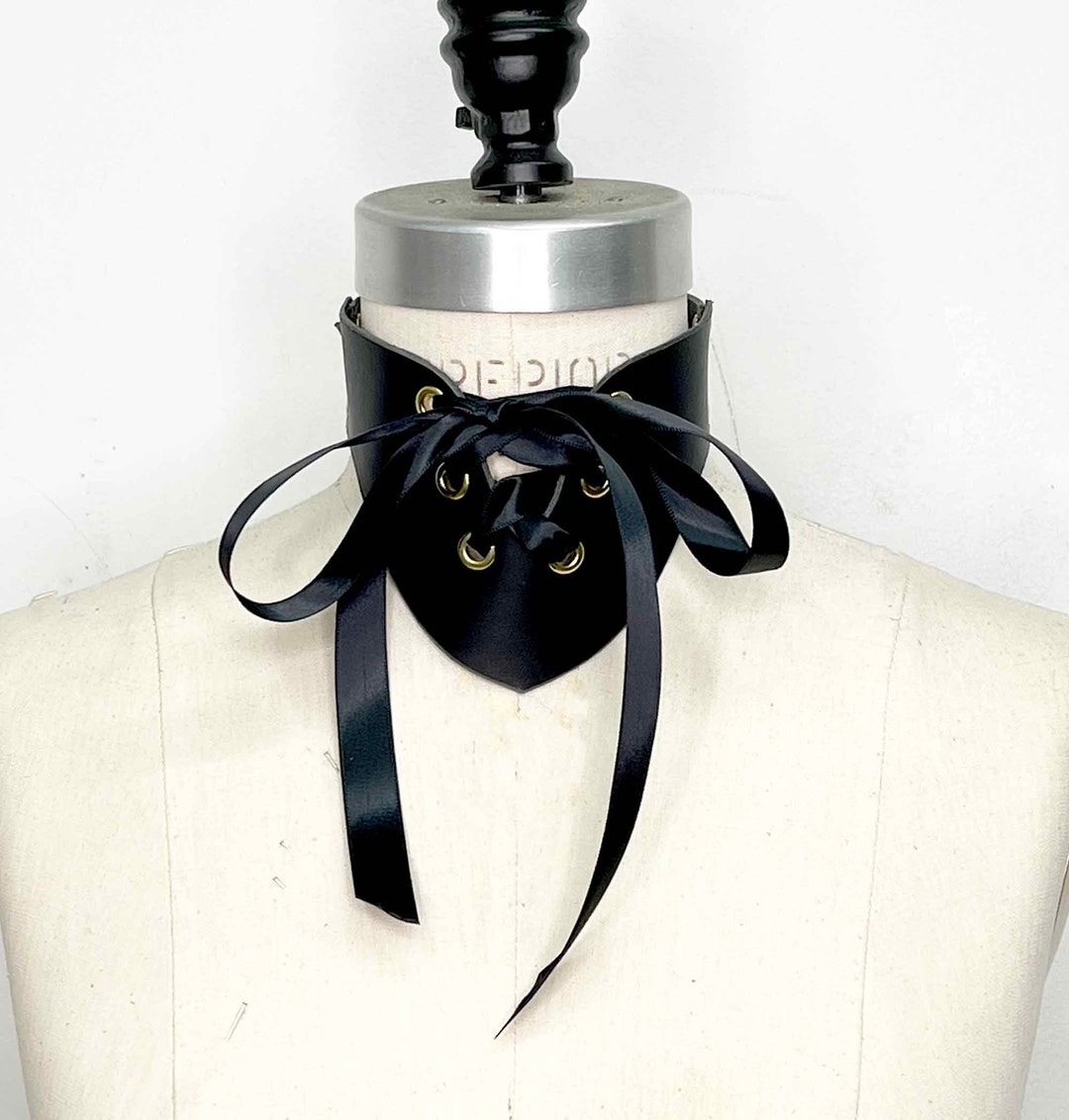 Nox Ribbon Leather Posture Collar, Wide Choker, Satin Bow Leather ...