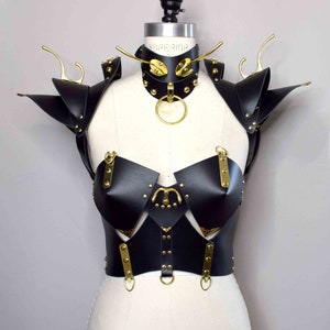 Mantis Leather Shoulder Pauldron Harness, Black Gold Epaulette, Genuine ...