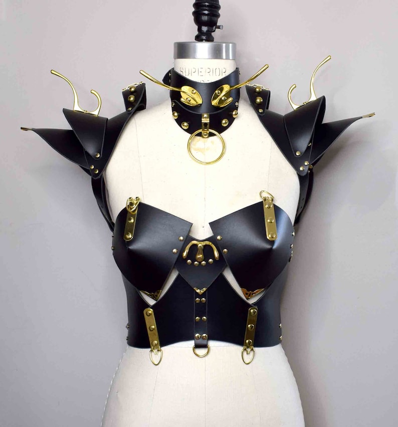 Mantis Leather Shoulder Pauldron Harness, Black Gold Epaulette, Genuine ...
