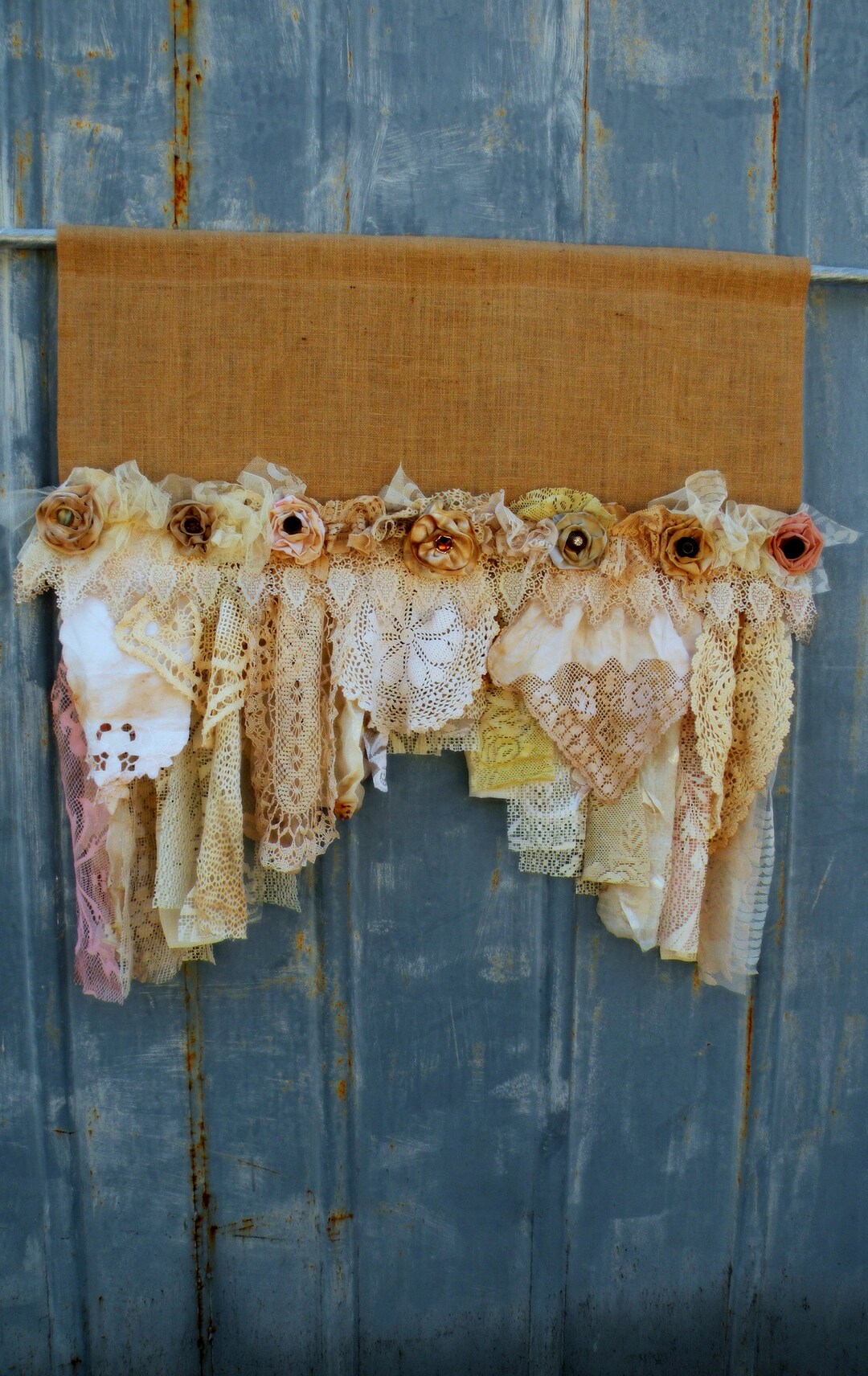Vintage Lace Valance Shade Burlap Valance Made to Order Burlap and Lace ...