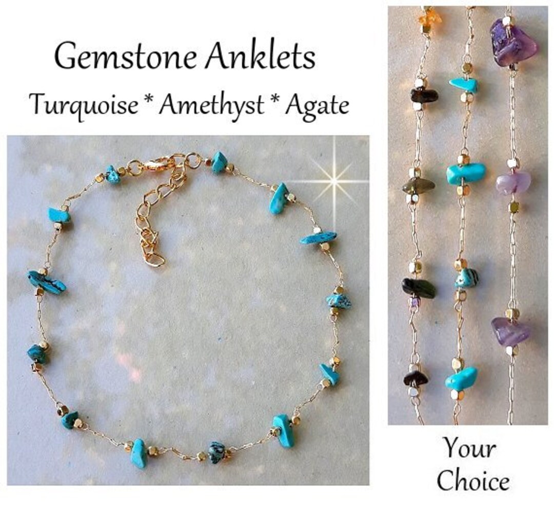 Gemstone Anklet for Women Gold Chain Turquoise Amethyst Agate Gemstone ...