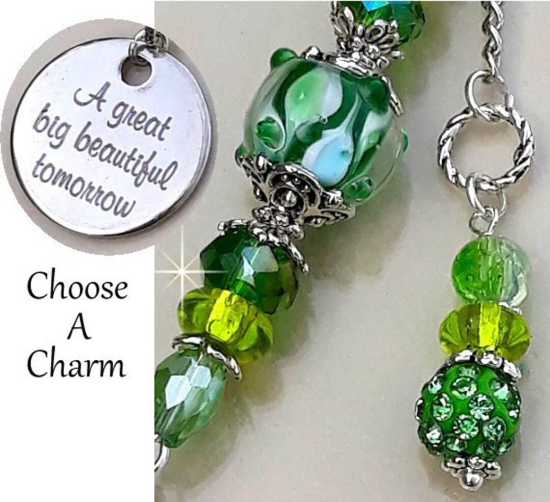 Purse Charm Green Glass and Crystal Beaded Handbag Accessories Keychain ...