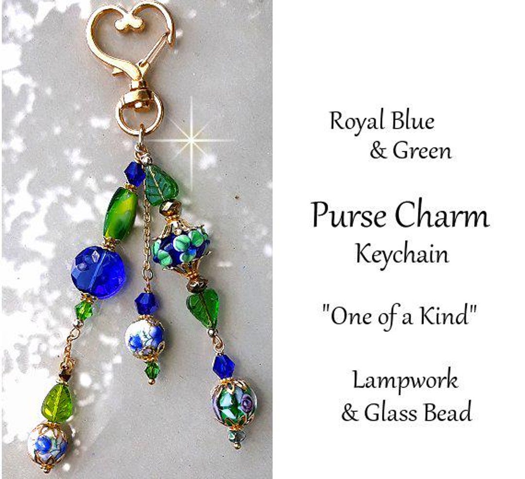 Purse Charm Royal Blue Green Bag Charm Lampwork Glass Beaded Purse Clip ...