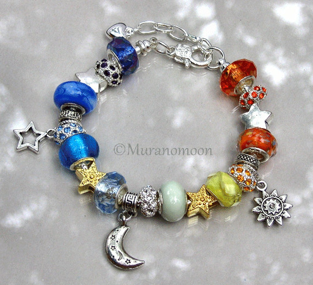 Sun Moon Star Charm Bracelet Glass Bead European Pandora Style Bracelet ...