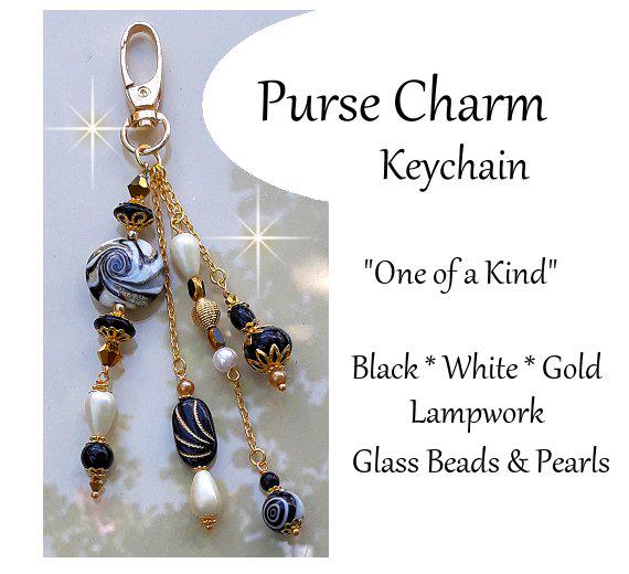 Purse Charm Bag Charm Clip on Black White Gold Lampwork Pearl Glass ...