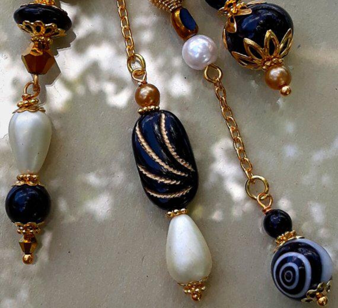 Purse Charm Bag Charm Clip on Black White Gold Lampwork Pearl Glass ...
