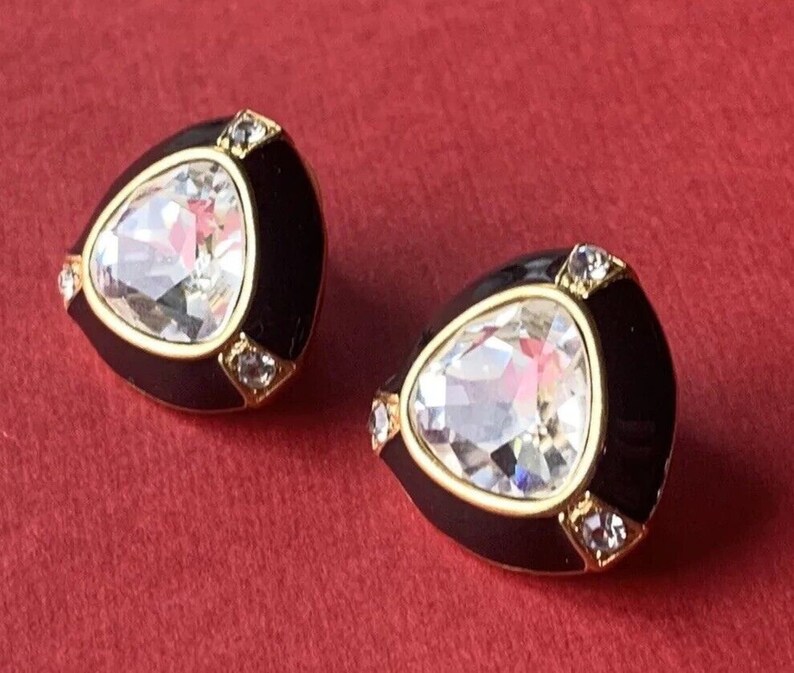 Vintage Signed Trifari Large Triangular Rhinestone Black Enamel Earrings - Etsy