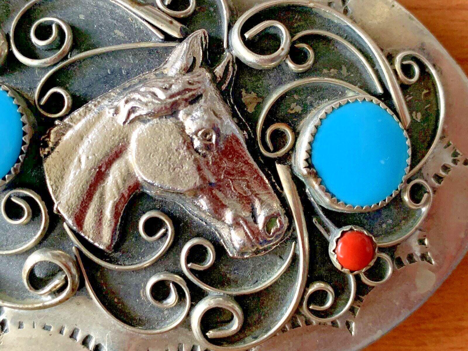 Vintage Horse Scroll Glass Faux Turquoise & Coral Cabochon Large Belt ...