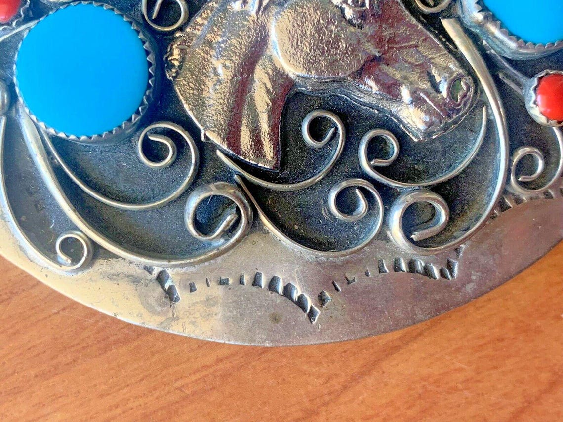 Vintage Horse Scroll Glass Faux Turquoise & Coral Cabochon Large Belt ...