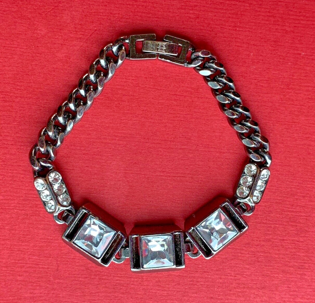 Vintage Signed Givenchy Square Clear Rhinestone Gunmetal Chain Bracelet ...