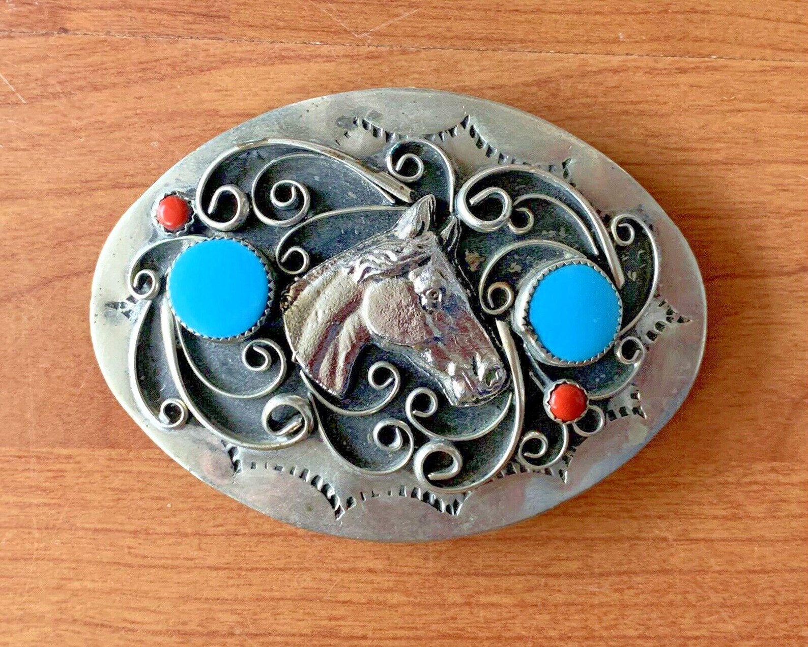 Vintage Horse Scroll Glass Faux Turquoise & Coral Cabochon Large Belt ...