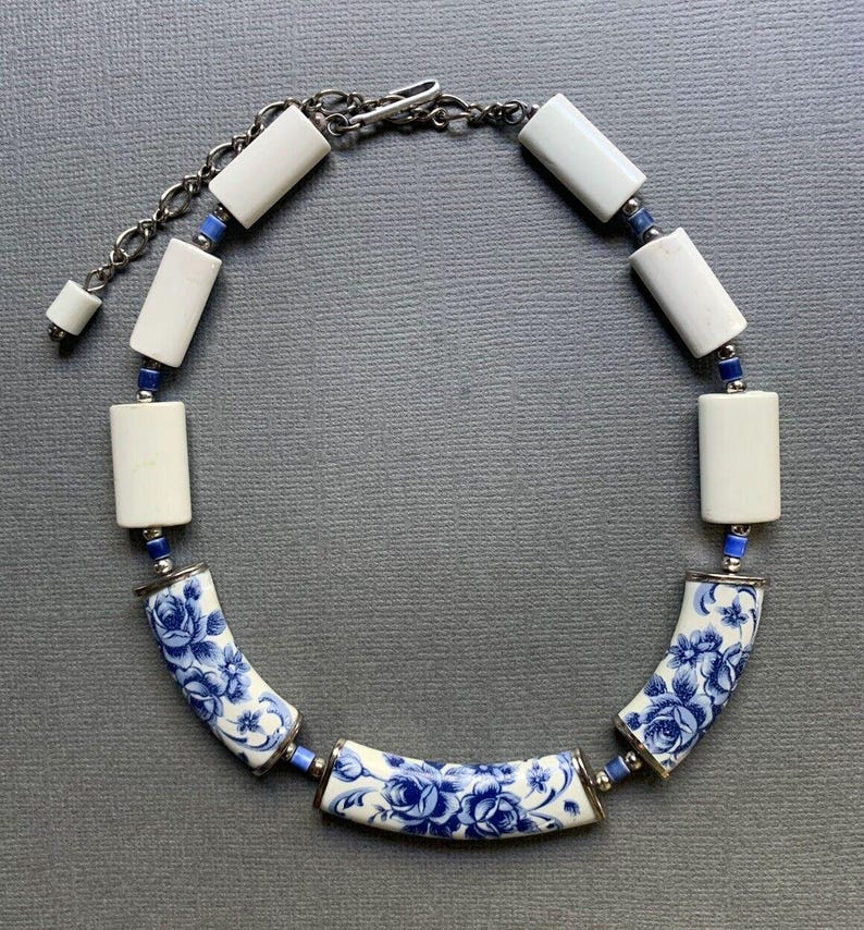 Vintage Signed Japan Delft Blue Rose Porcelain Rectangle Bead Choker ...
