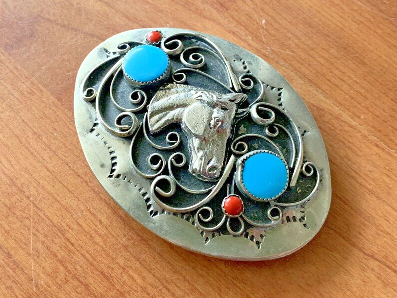 Vintage Horse Scroll Glass Faux Turquoise & Coral Cabochon Large Belt ...