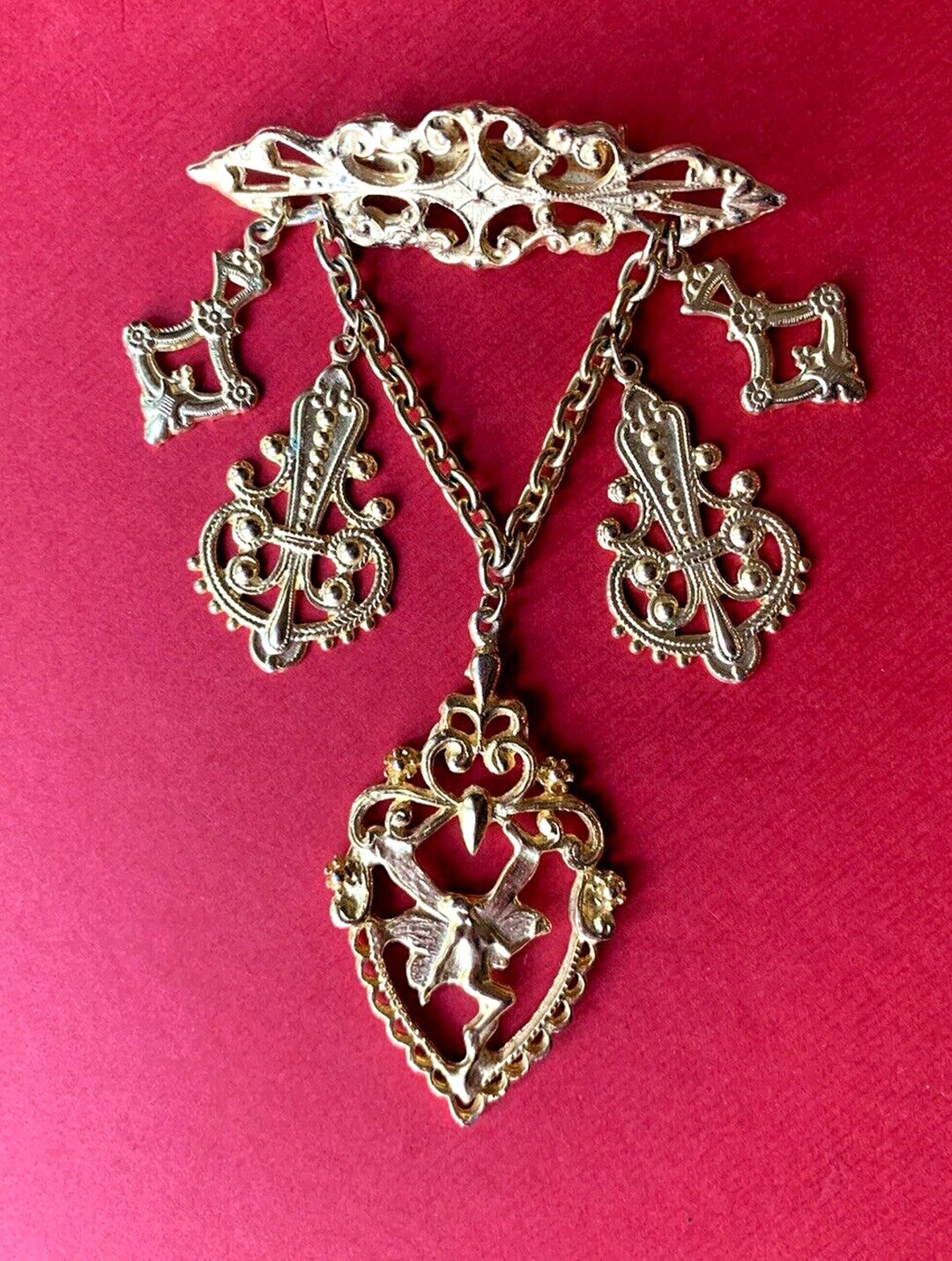 Vintage Fairy Filigree Victorian Revival Dangle Chain Estate Brooch - Etsy