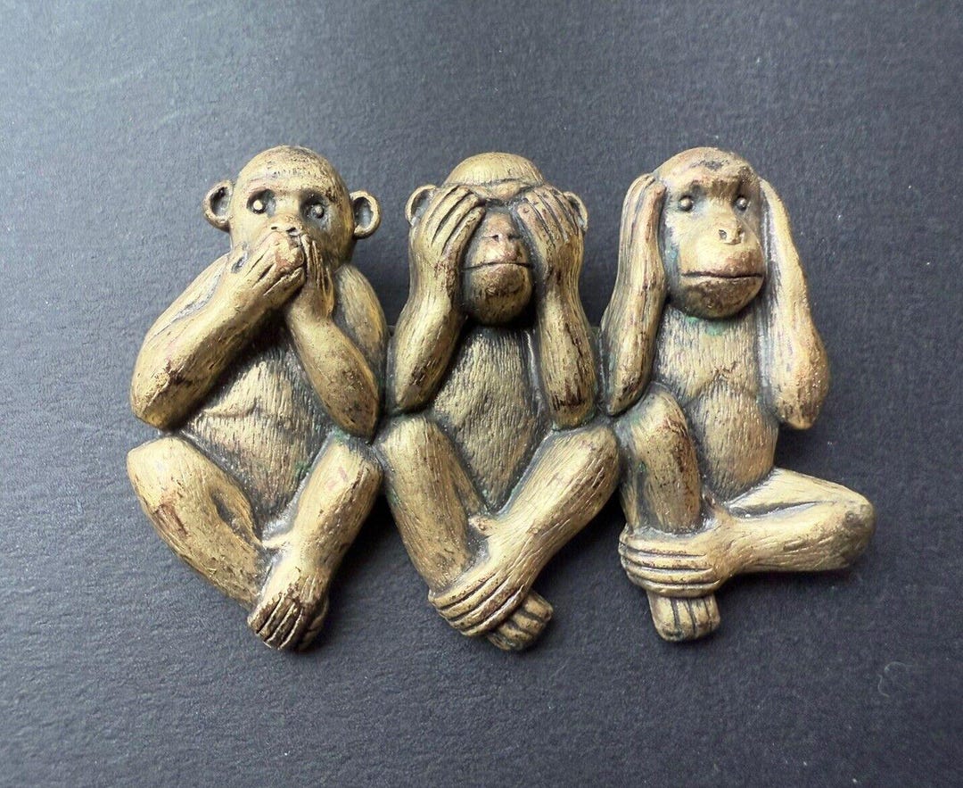 Vintage Three Wise Monkeys Speak See Hear No Evil Solid Brass Brooch ...