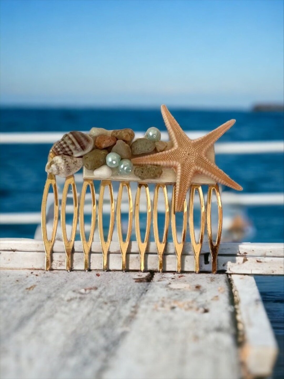 Stunning Beach Themed Hair Comb - Starfish, Stones, Shells, Faux Pearls ...