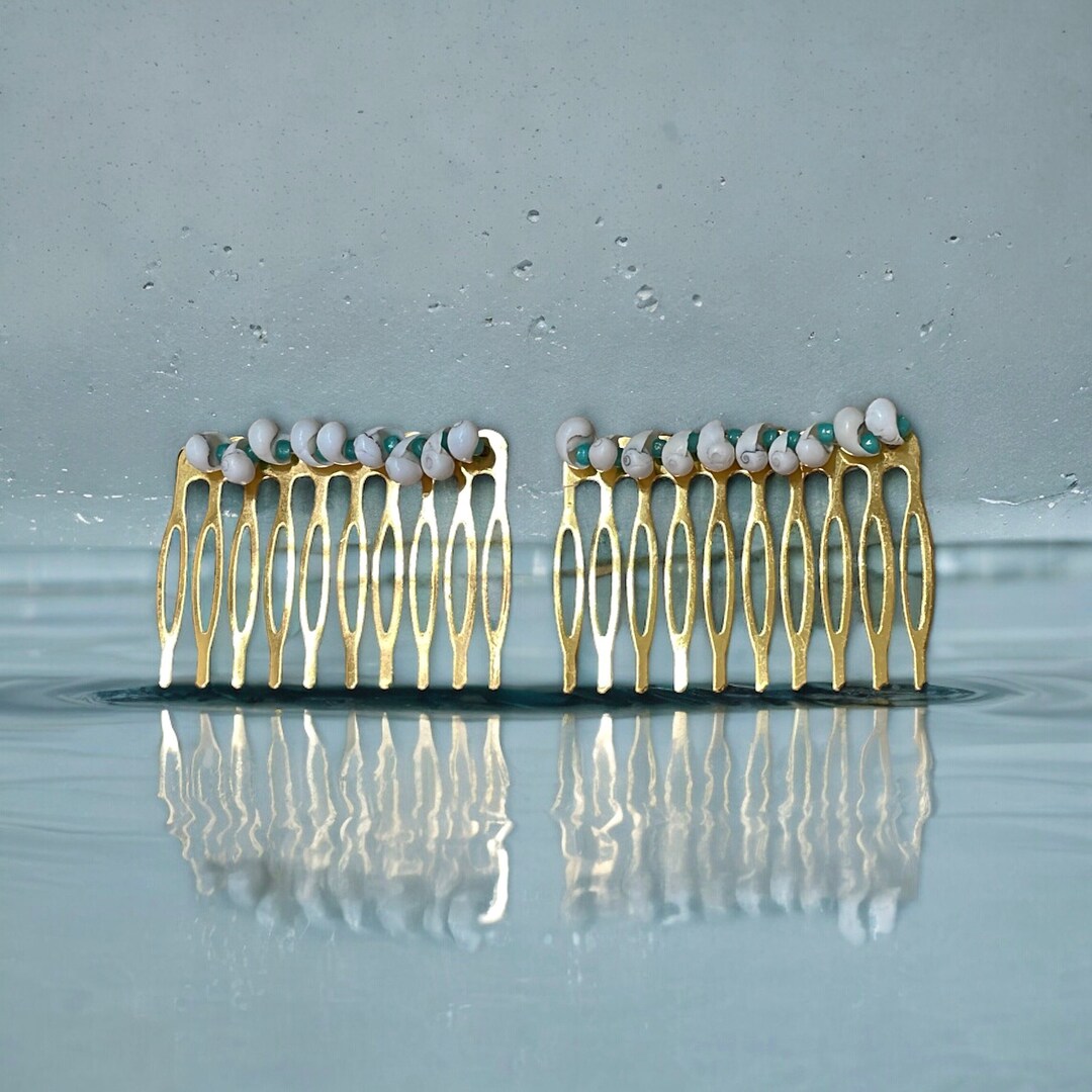 Stunning Hand Strung White Shell Hair Combs With Turquoise Blue Glass ...