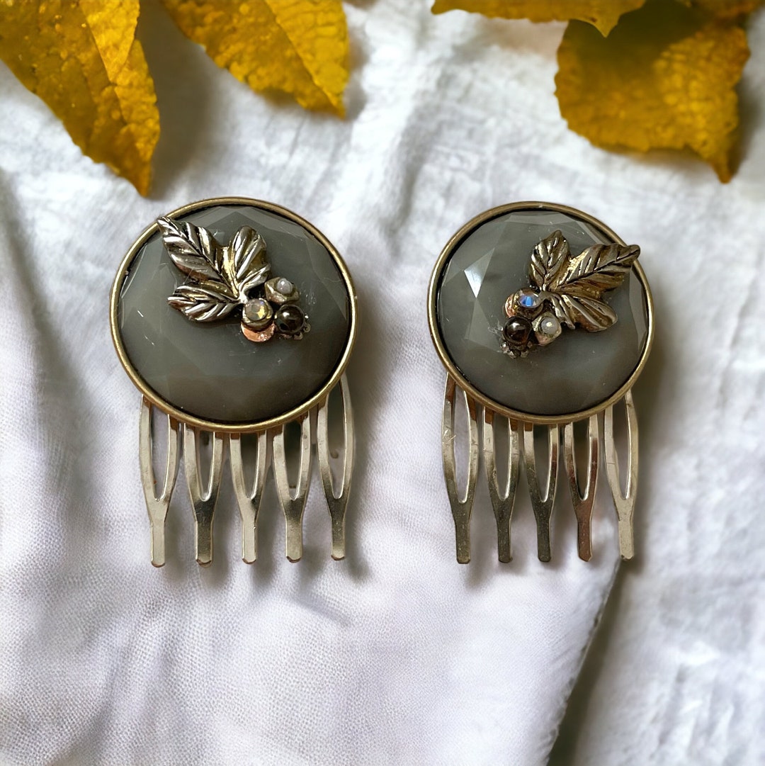 Pair of Small 1" Silvery Gray Round Hair Combs With Silver Leaves ...
