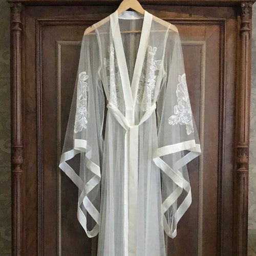 Long Sheer Bridal Robe With Embroidered Sleeves F45 Bridal - Etsy Israel