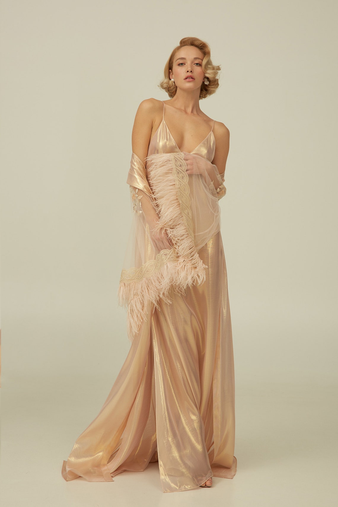 ROSE GOLD SILK Set With Robe and Nightgown F-50 F-52 - Etsy UK