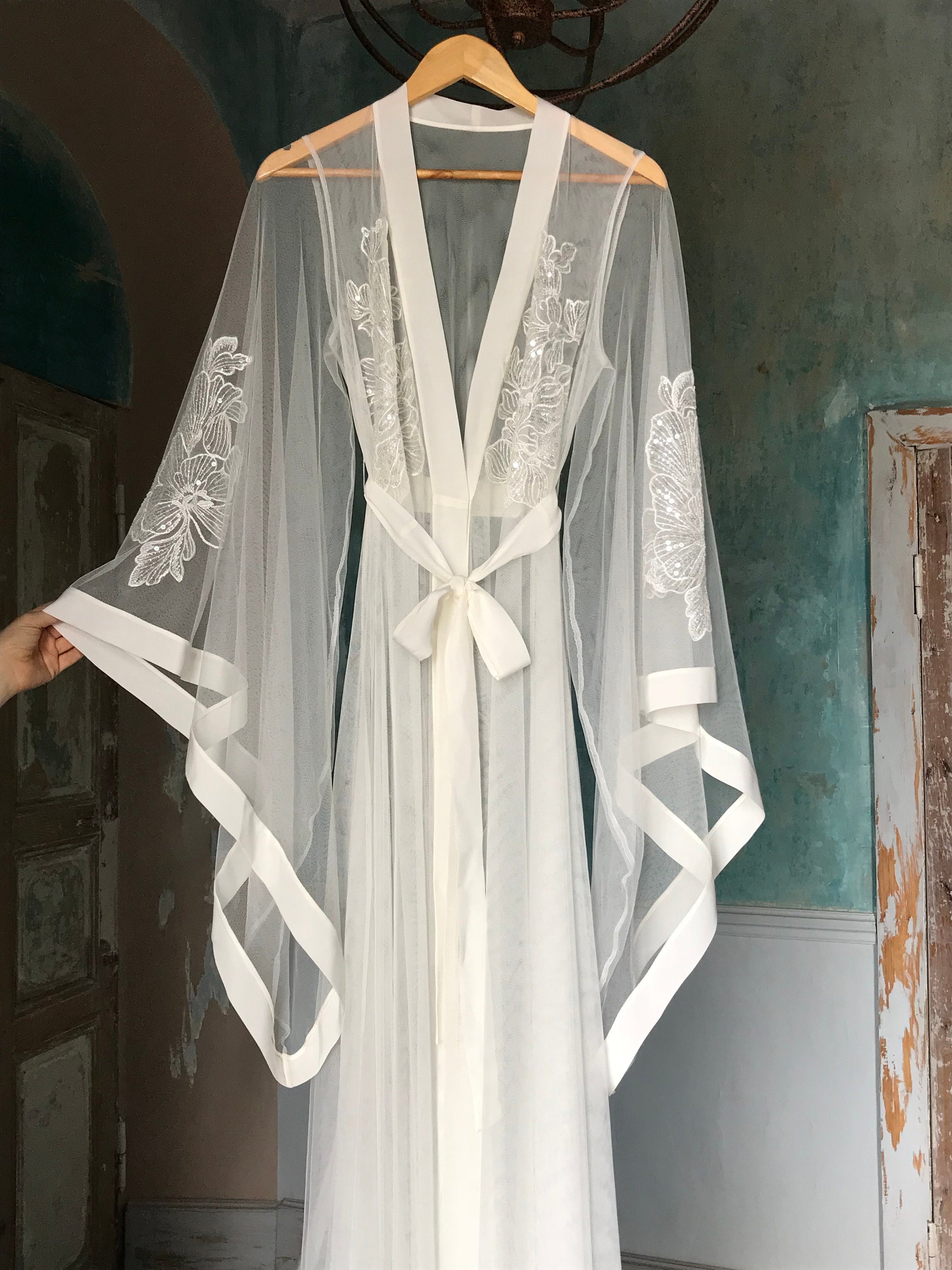 Long Sheer Bridal Robe With Embroidered Sleeves F45 Bridal - Etsy Israel
