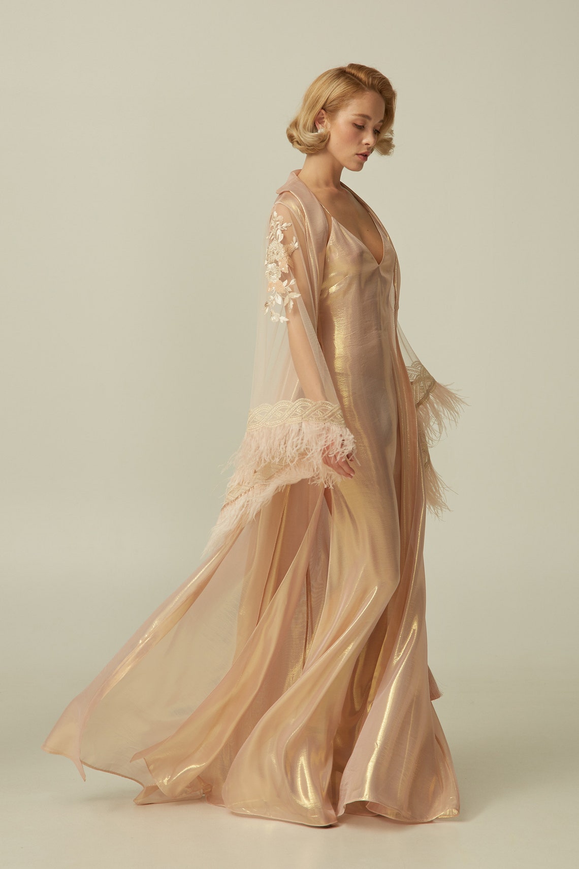 ROSE GOLD SILK Set With Robe and Nightgown F-50 F-52 - Etsy UK