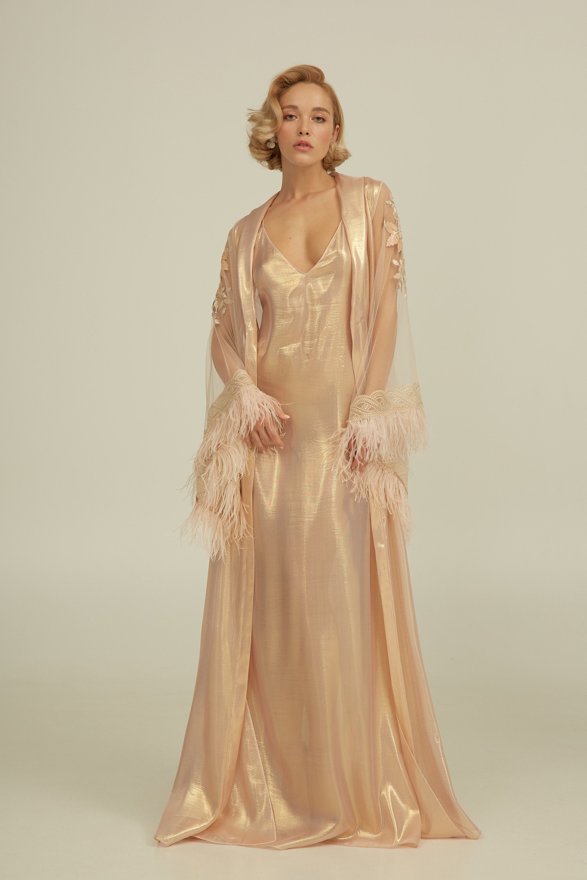 ROSE GOLD SILK Set With Robe and Nightgown F-50 F-52 - Etsy UK