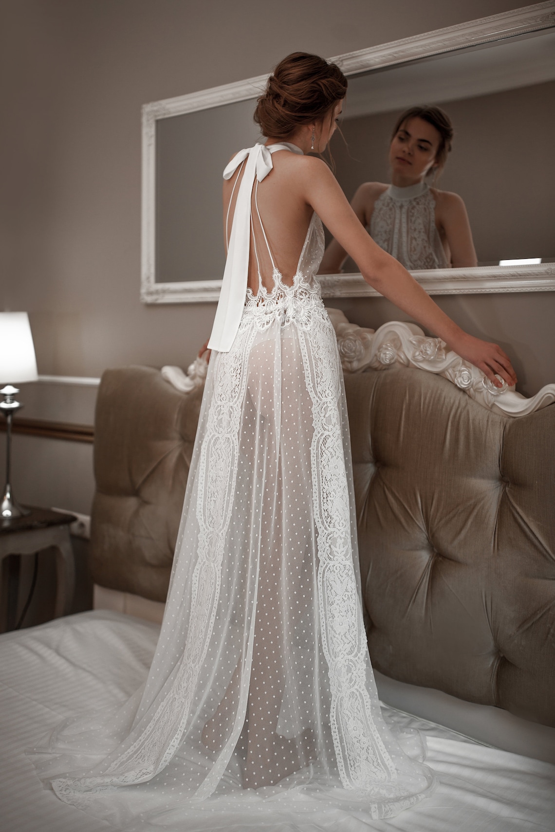 Long Sheer Bridal Nightgown With Lace F41 Nightie Bridal Etsy