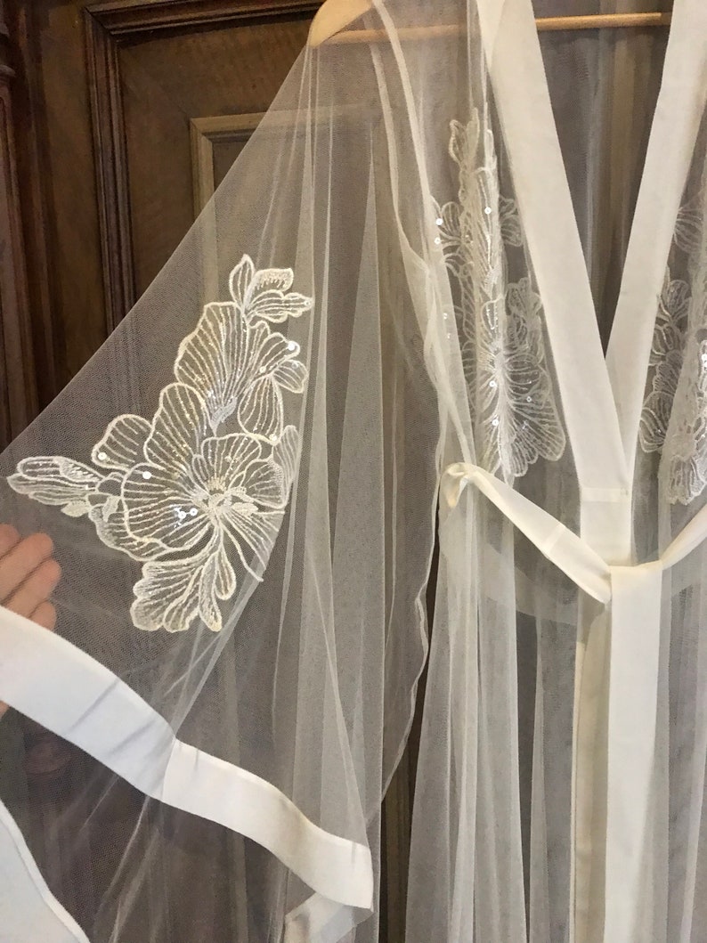 Long Sheer Bridal Robe With Embroidered Sleeves F45 Bridal - Etsy Israel