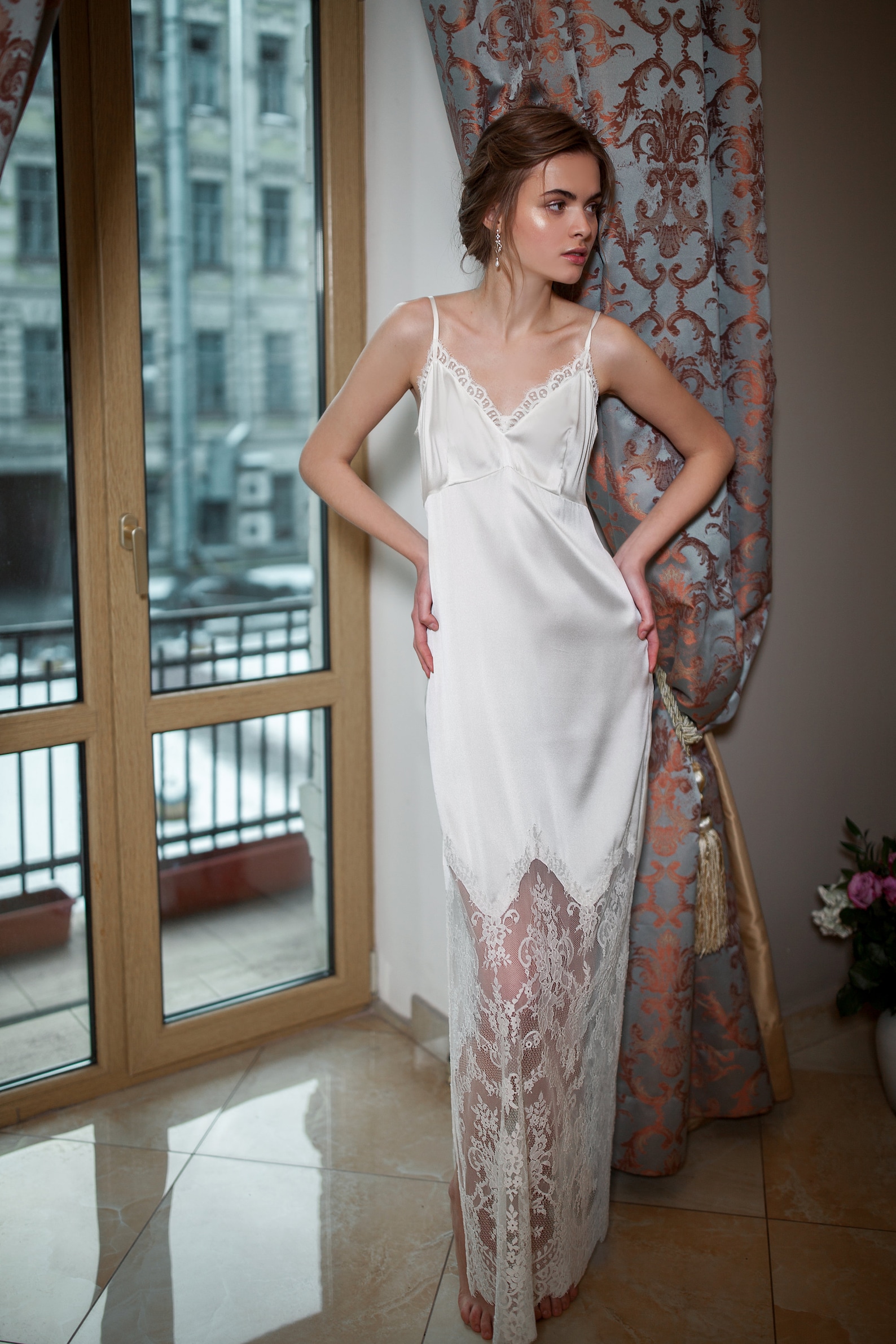 Long Silk Nightgown With Lace F-38 - Etsy
