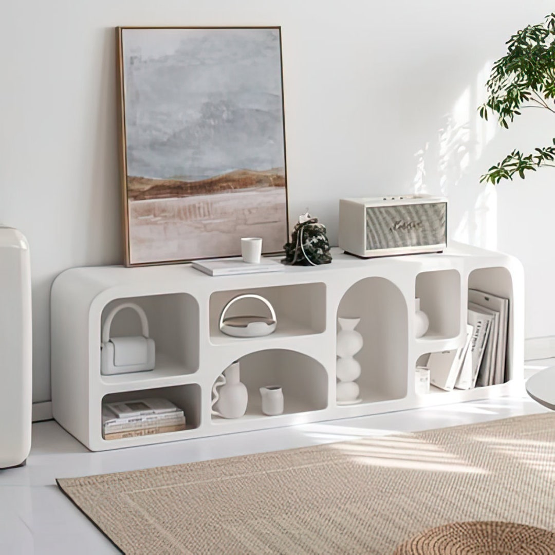 Codiys Art Deco Bookshelf Wood TV Stand in White With Shelves - Etsy