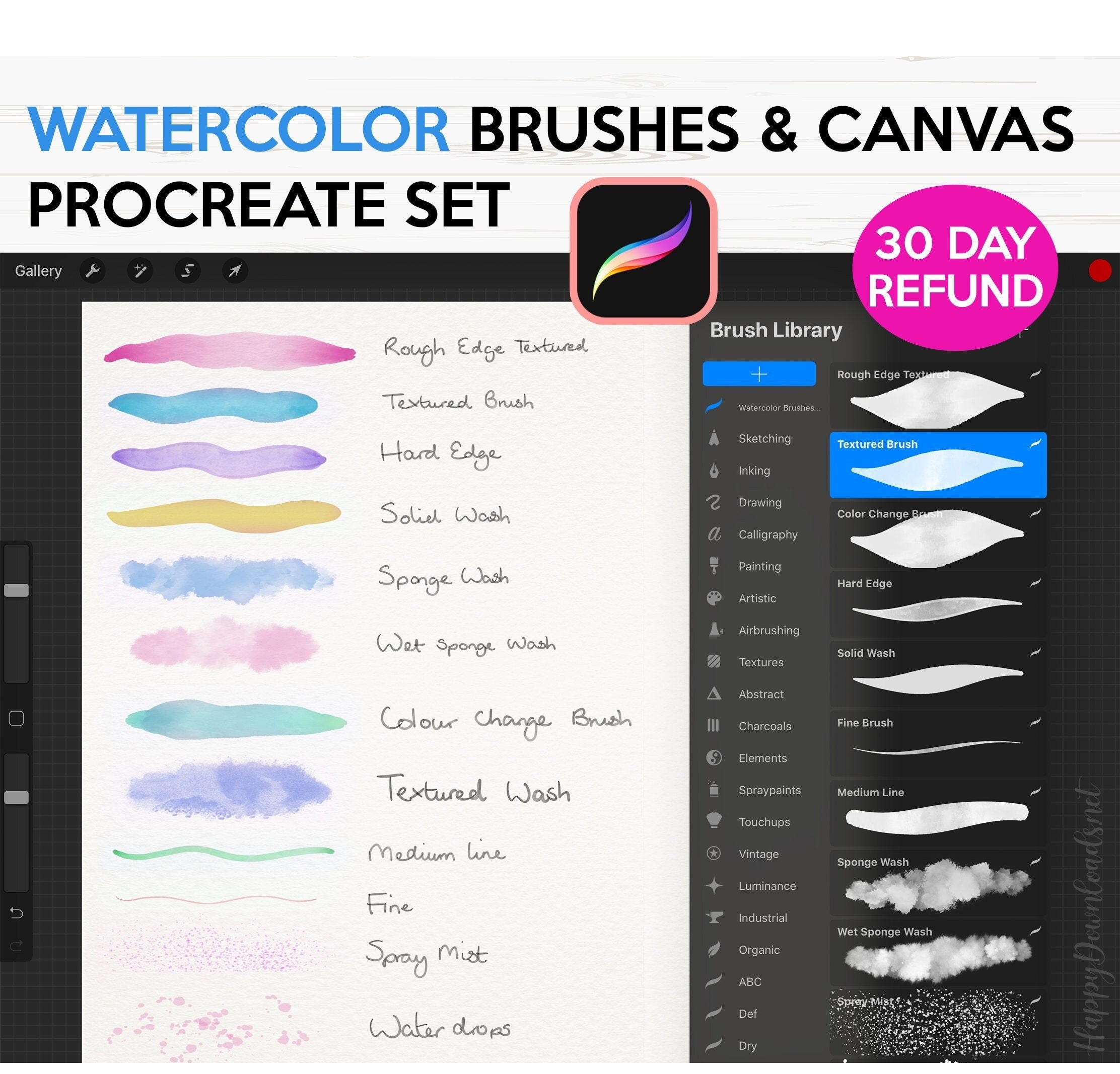 Procreate Watercolor Brushes Set With Watercolor Paper Texture Canvas ...