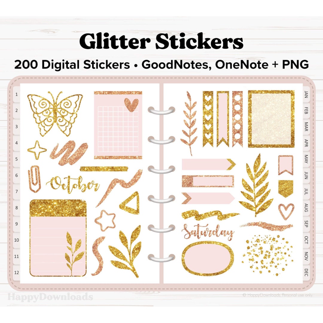 Glitter Digital Stickers, Gold Glittery Stickers, Goodnotes Stickers ...