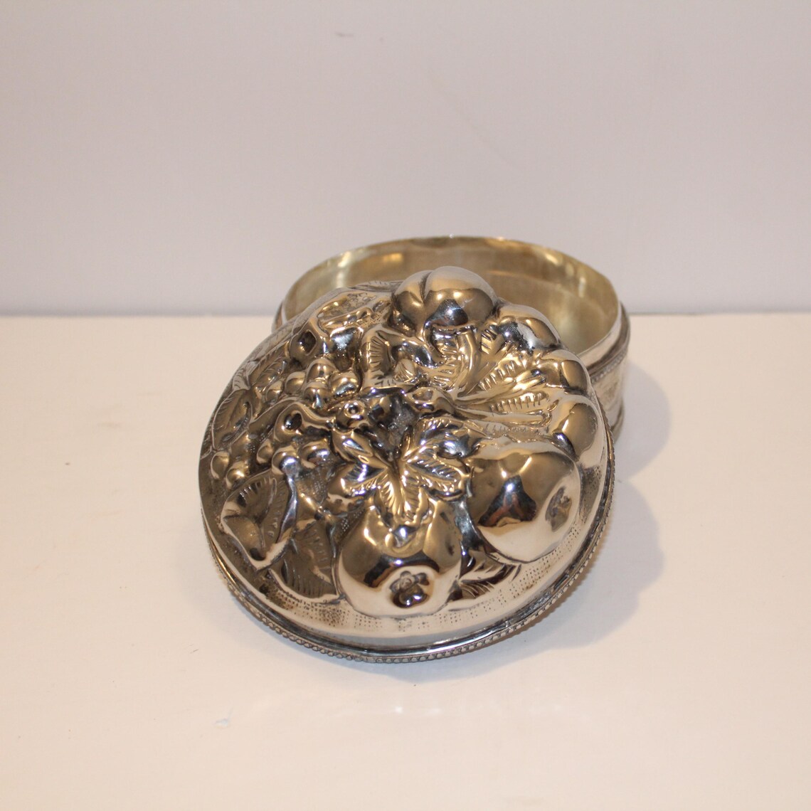 Vintage Silver-plated Round Trinket Box | Ornate Floral Fruit Motif ...