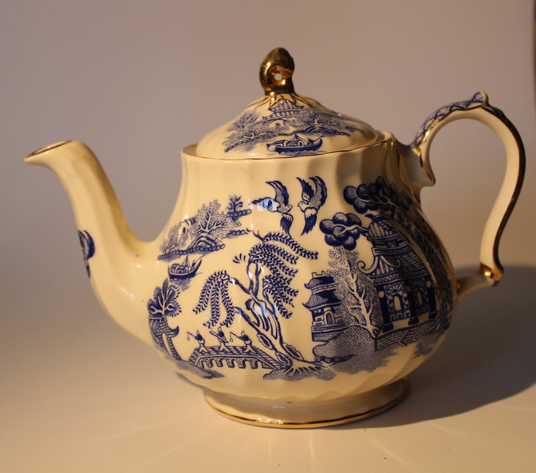 Sadler Small Blue and White Willowware or Transferware Teapot Accented ...