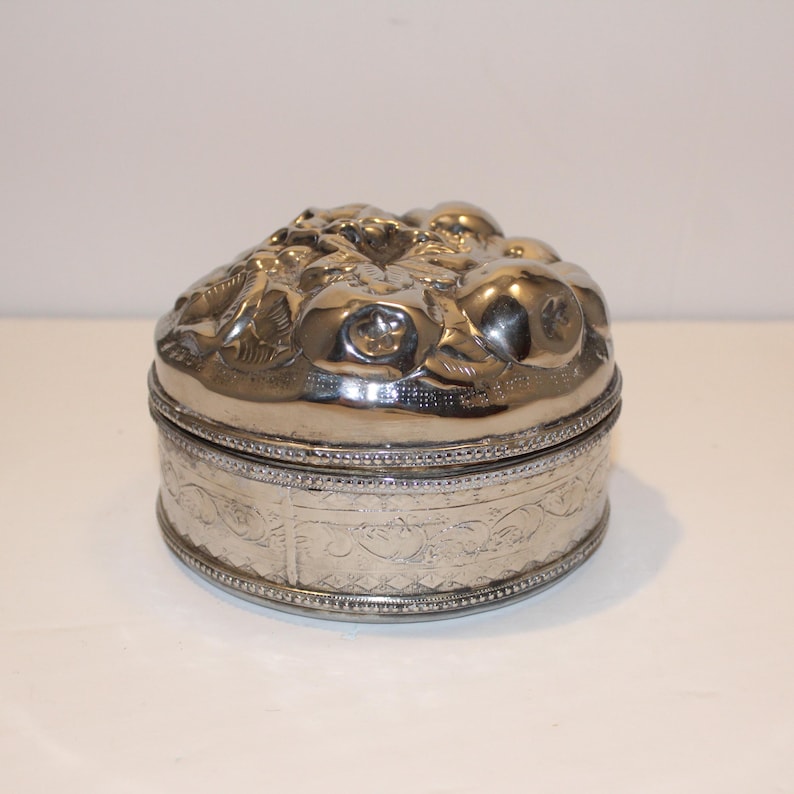 Vintage Silver-plated Round Trinket Box | Ornate Floral Fruit Motif ...