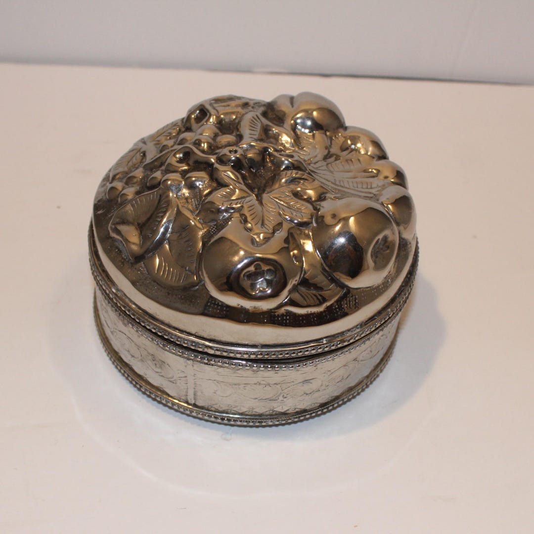 Vintage Silver-plated Round Trinket Box | Ornate Floral Fruit Motif ...