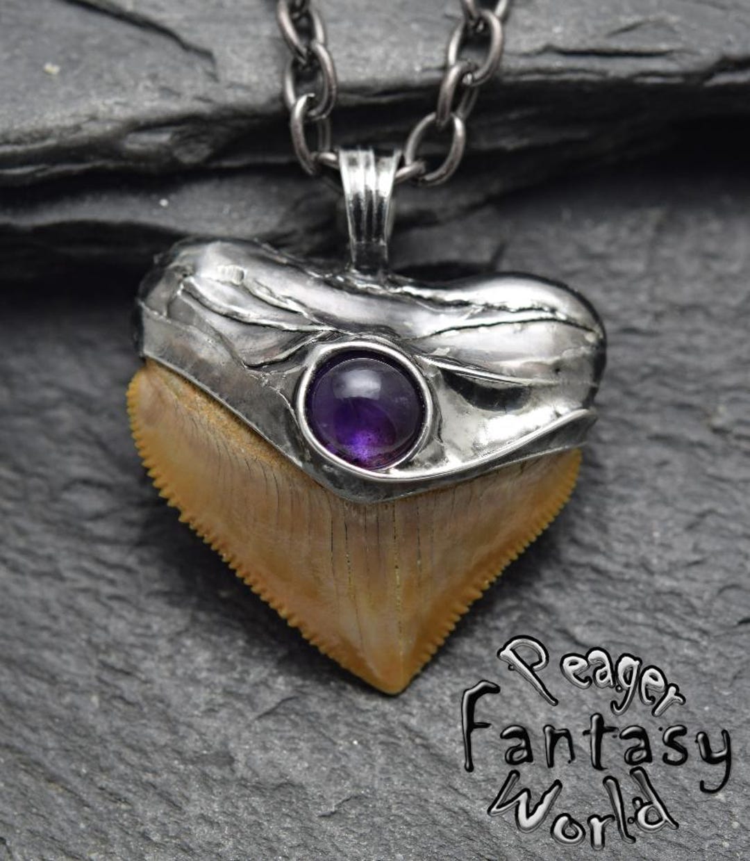 Crow Shark Tooth Pendant,amethyst Pendant,shark Fossils,squalicorax ...