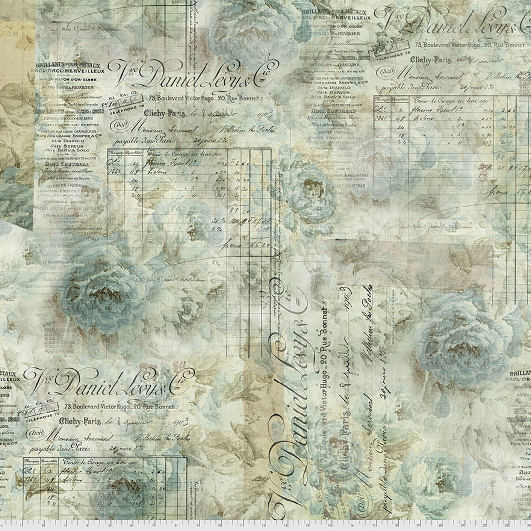 Tim Holtz Foundations Aqua Receipt Cotton Fabric by Free Spirit Pwth102 ...