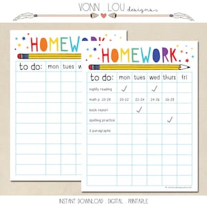 Homework Chart Printable Instant Download DIY Hand Illustrated Children ...