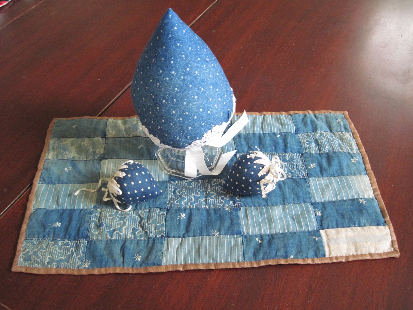 Large indigo blue calico make-do strawberry pincushion cotton | Etsy