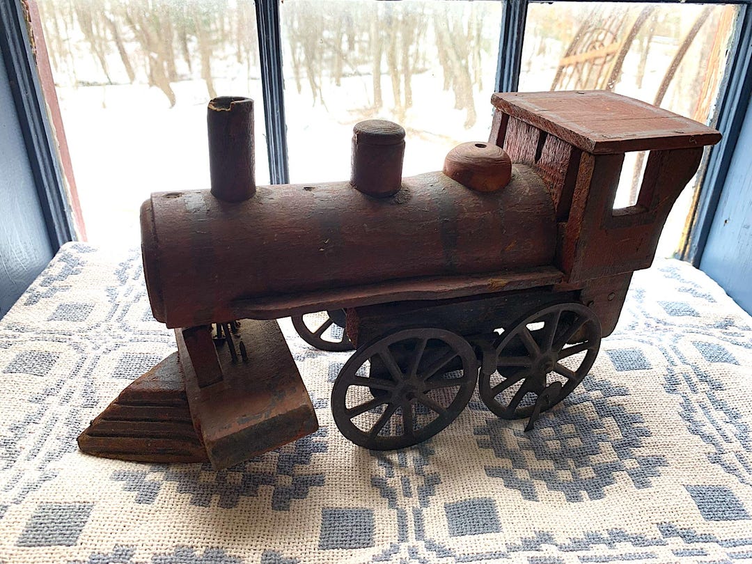 Antique Wooden Toy Train Engine in Red and Black Paint - Etsy