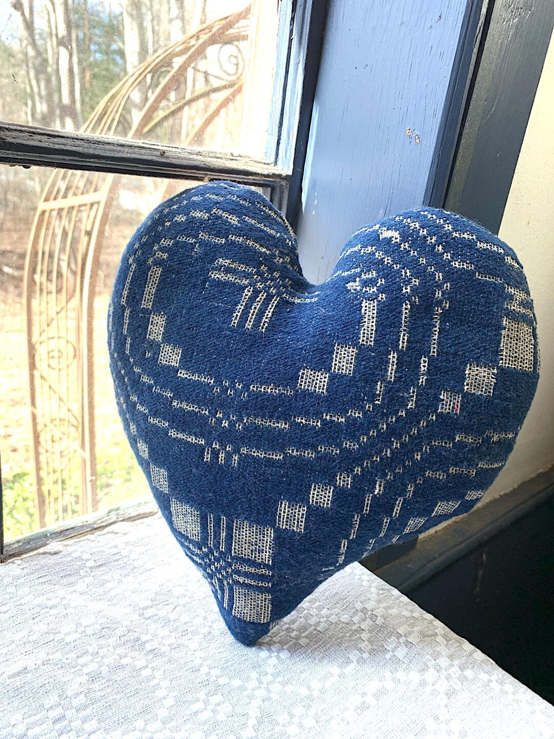Large Stuffed Heart Made of Antique Blue and White Woven Coverlet ...
